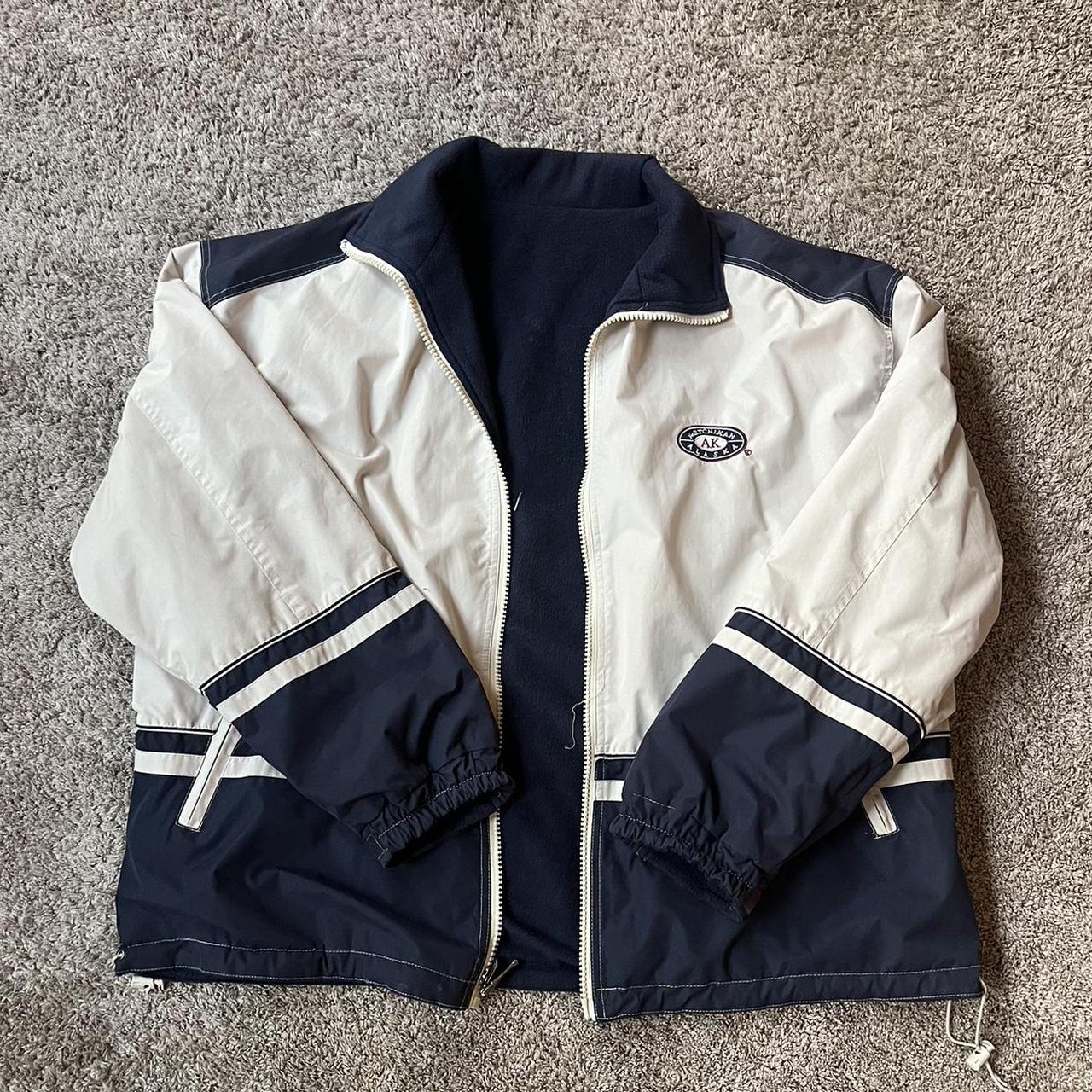 Cream and Navy Ketchikan Alaska Rain Coat -heavy... - Depop