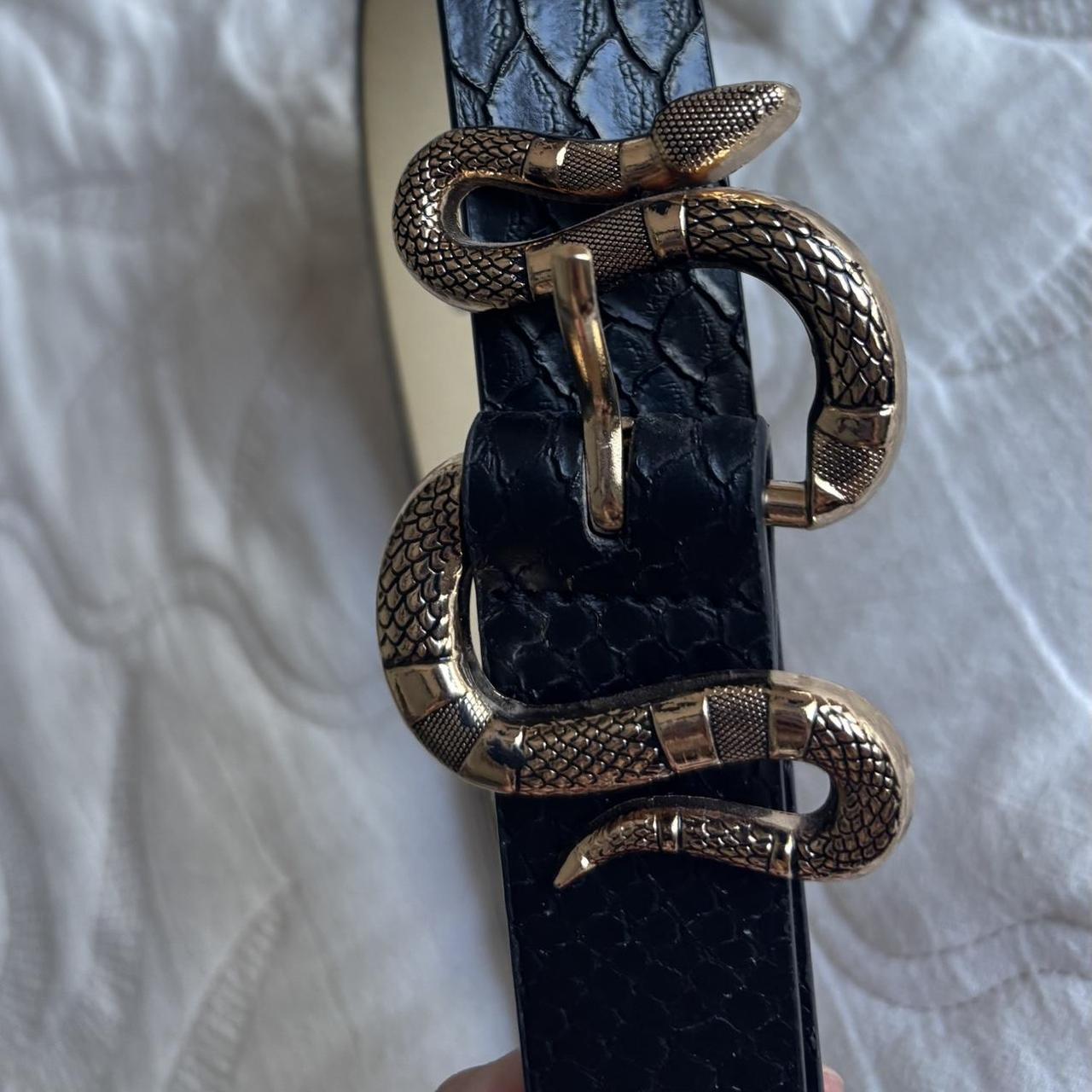 Black faux leather snake print belt with gold snake... | Depop
