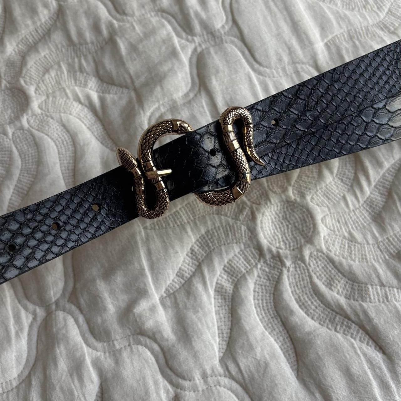 Black faux leather snake print belt with gold snake... | Depop