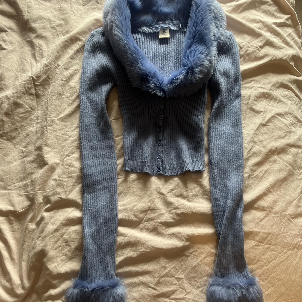 urban outfitters fur trim cardigan blue size... - Depop