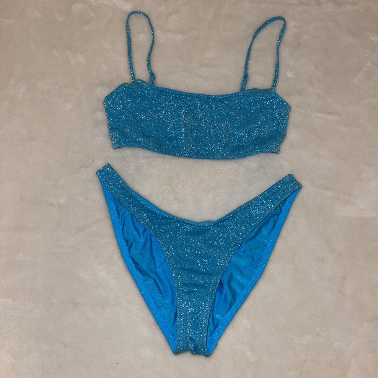 blue sparkle triangl bikini size small top size... - Depop