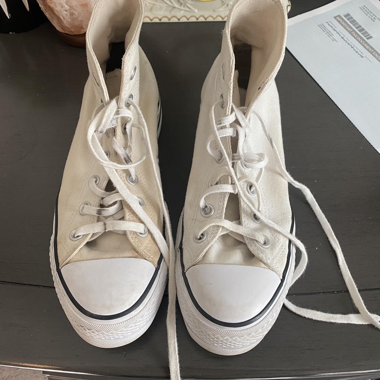 White High Top Platform converse, a little stained... - Depop