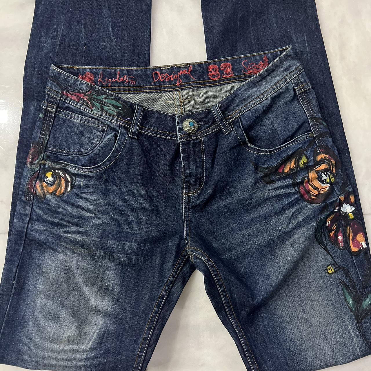 Desigual Jeans with flower print Size 32 Waist... - Depop