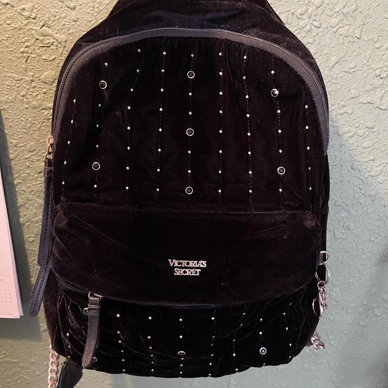 Victorias Secret black velvet backpack with gold... | Depop