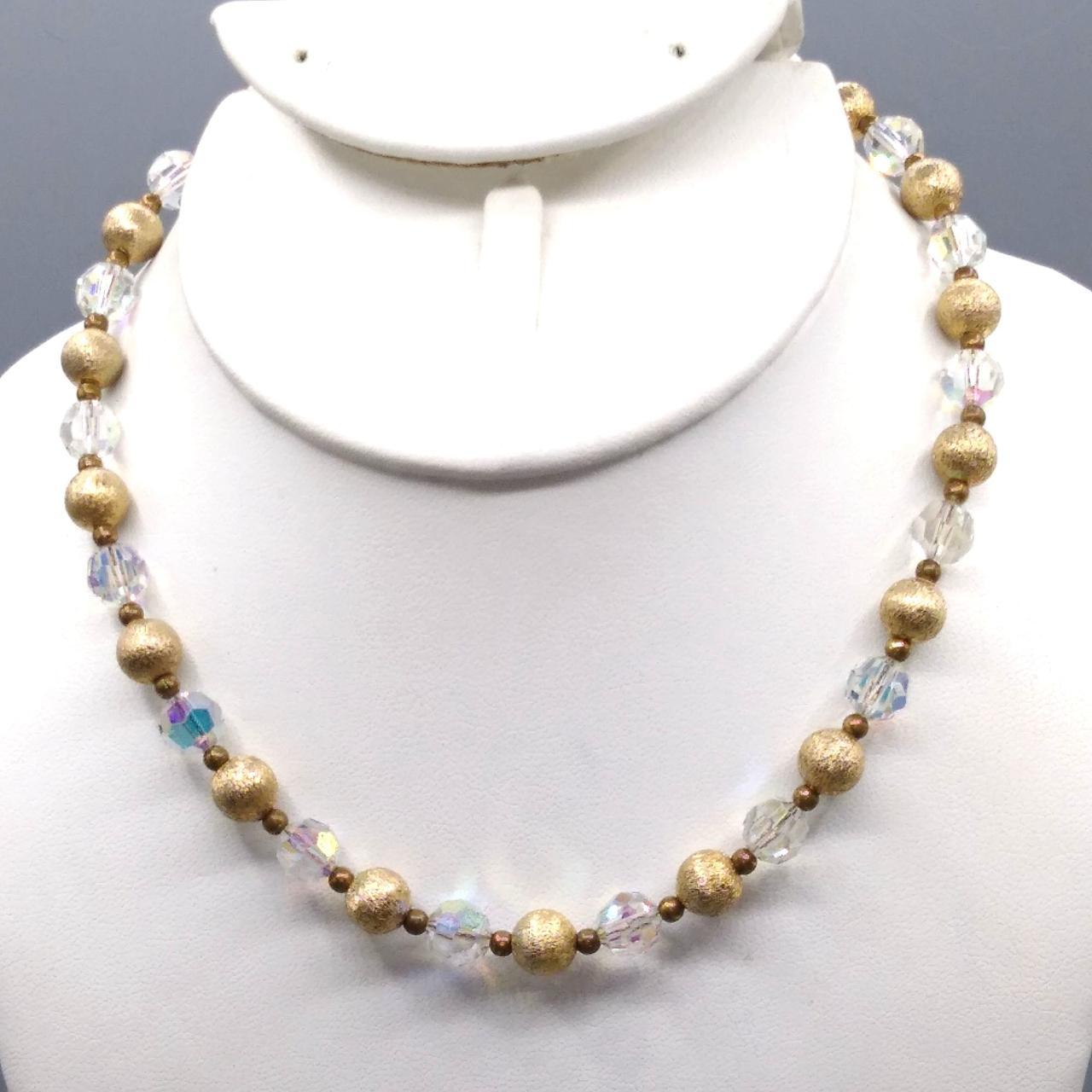 Vintage Brushed Gold & Crystal Bead Necklace Strung... - Depop