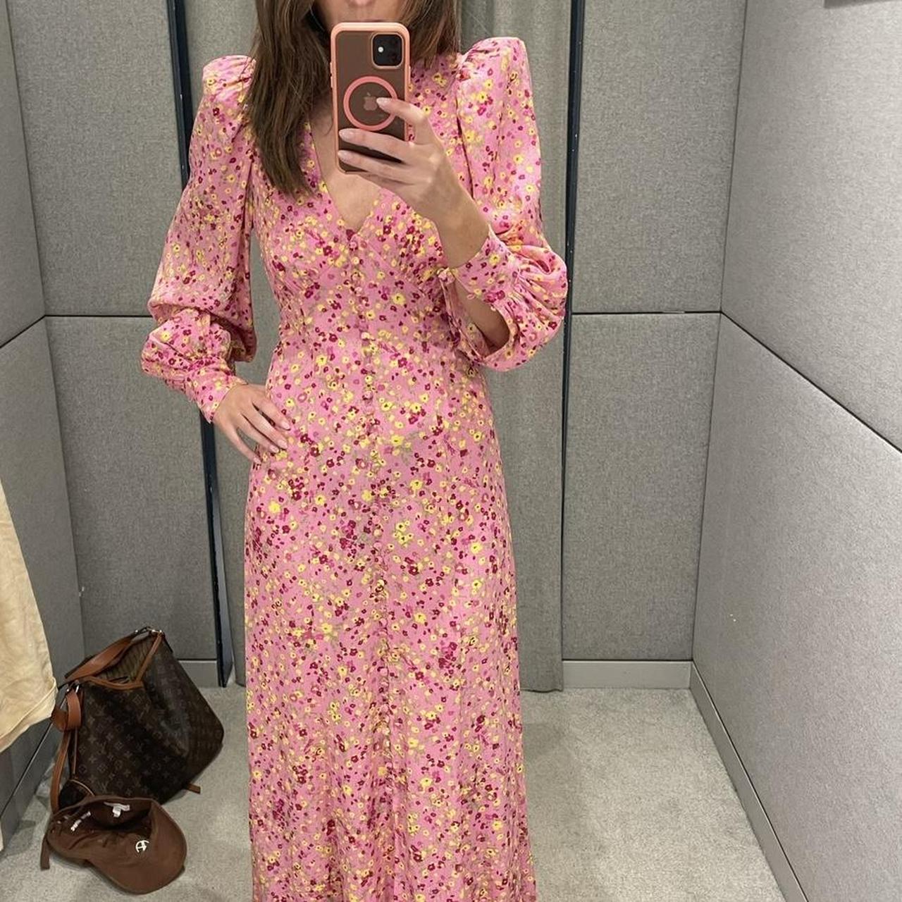 Rotate pink floral maxi dress - padded shoulders,... - Depop