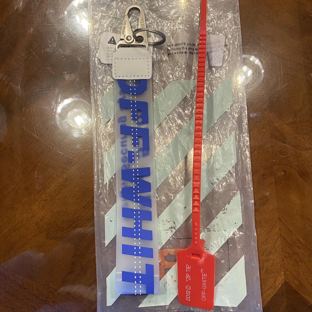 Blue and white off white keychain Brand new - Depop