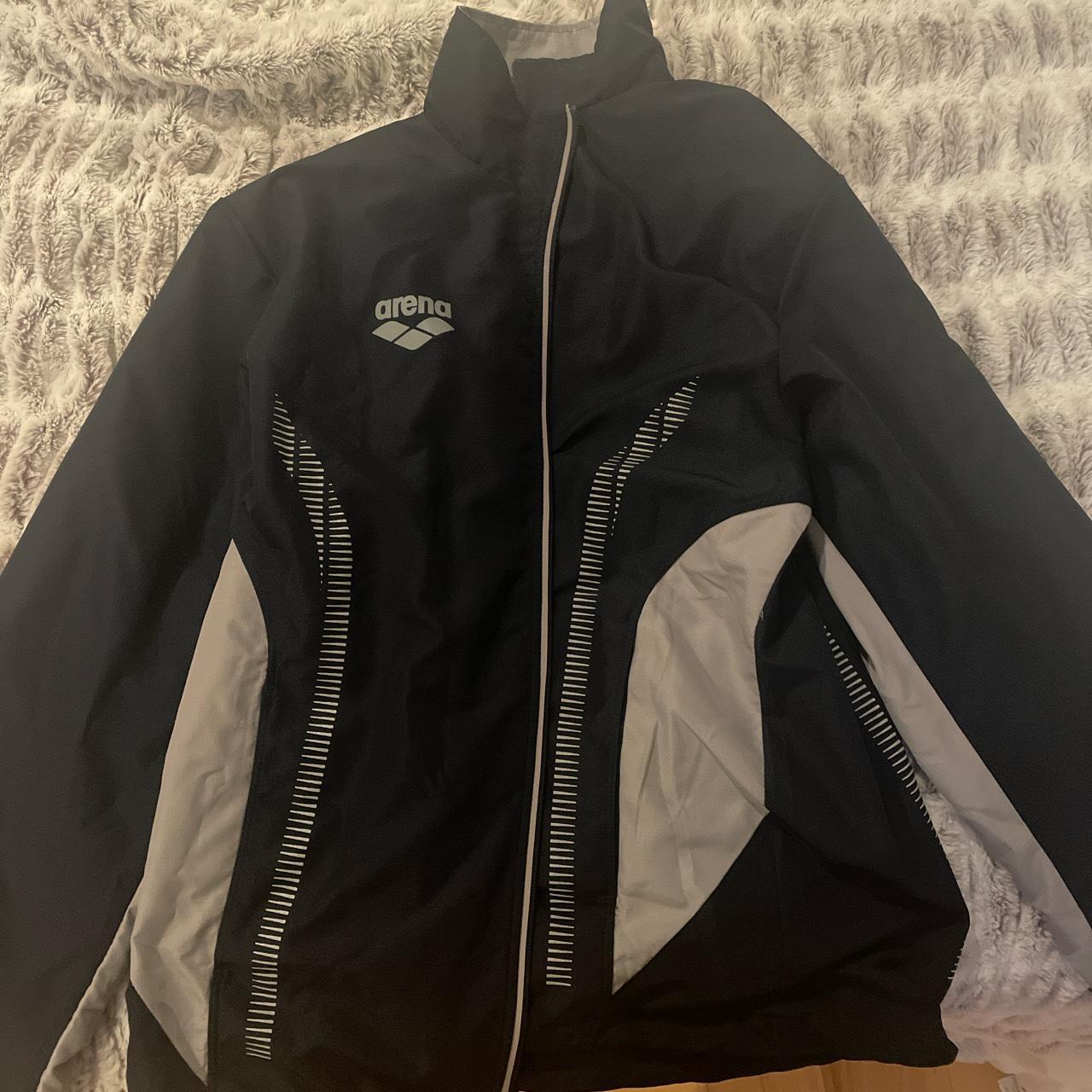 medium arena swim waterproof jacket navy and grey - Depop