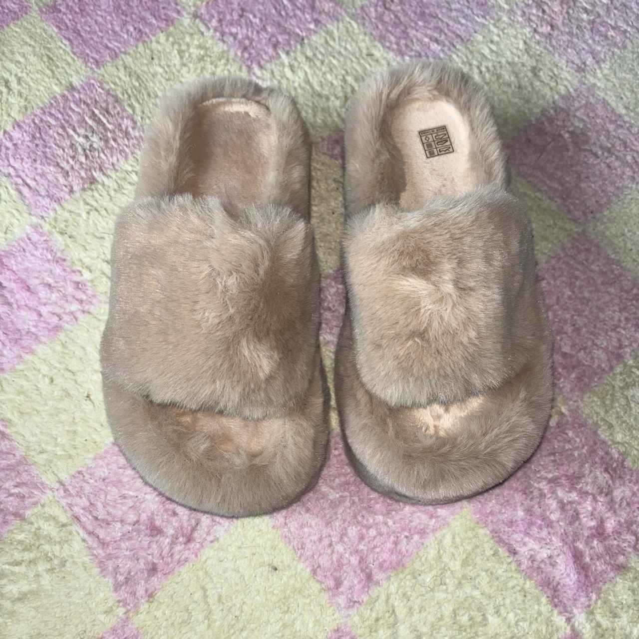 tan furry platform slides 🤎 ♡ completely fur lined/... - Depop