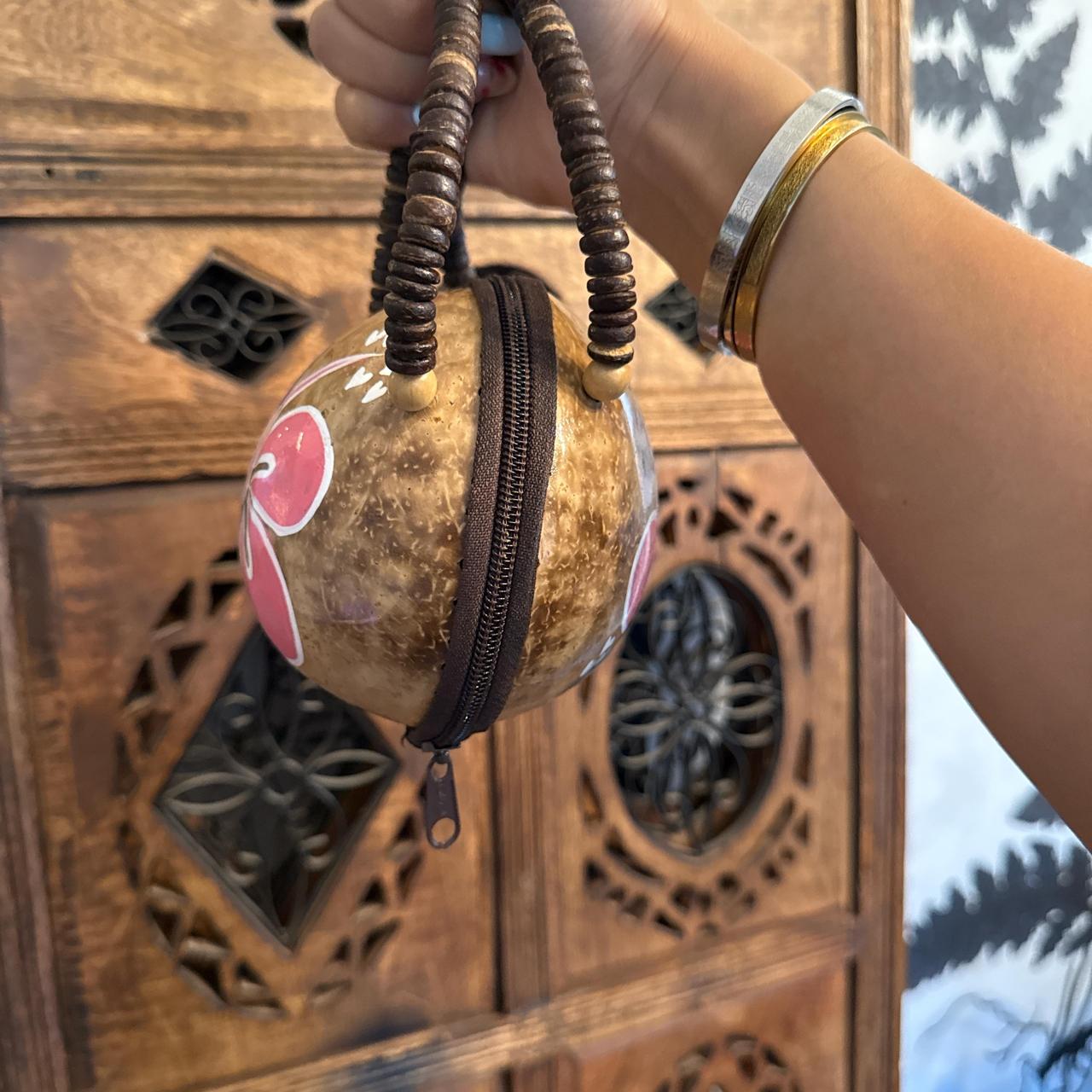 Boho-chic coconut shell bag with wooden beads and... | Depop