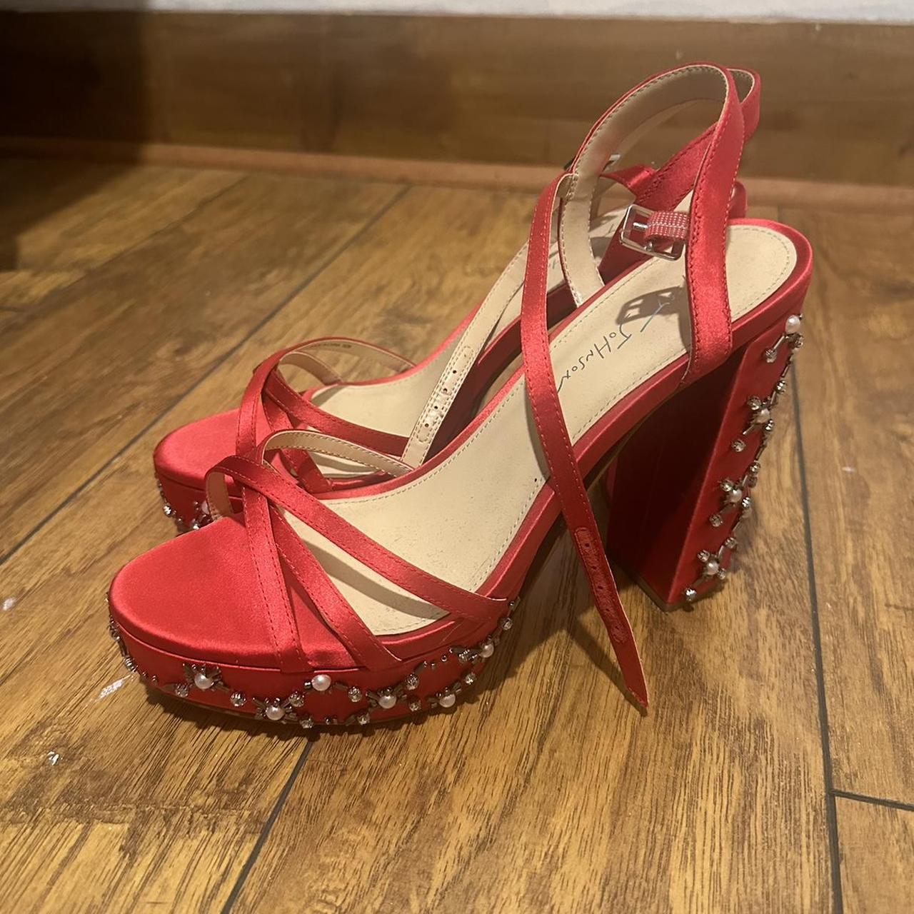 Beautiful red heels with pearls, silver, and jewels,... - Depop