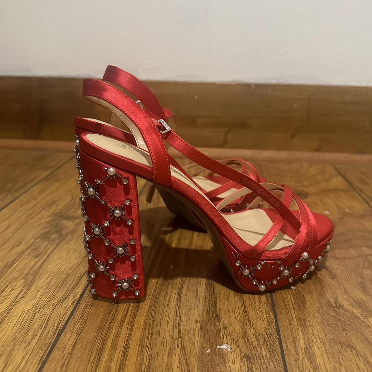 Beautiful red heels with pearls, silver, and jewels,... - Depop