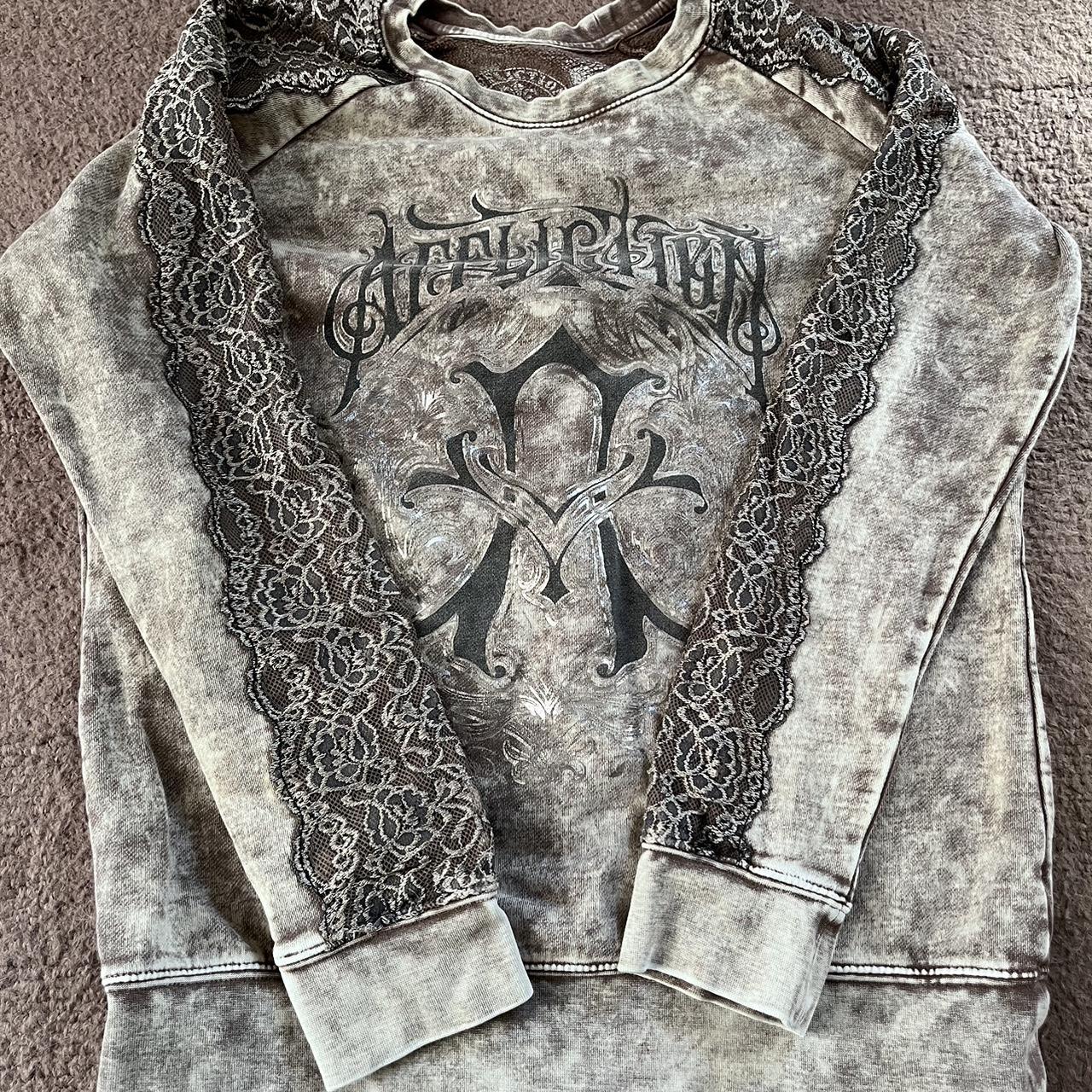 Affliction brown and tan sweatshirt with lace... - Depop