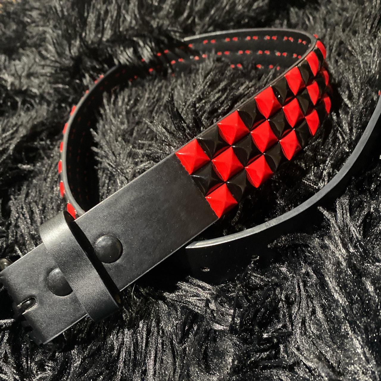 Red and black studded checkered leather belt ... - Depop