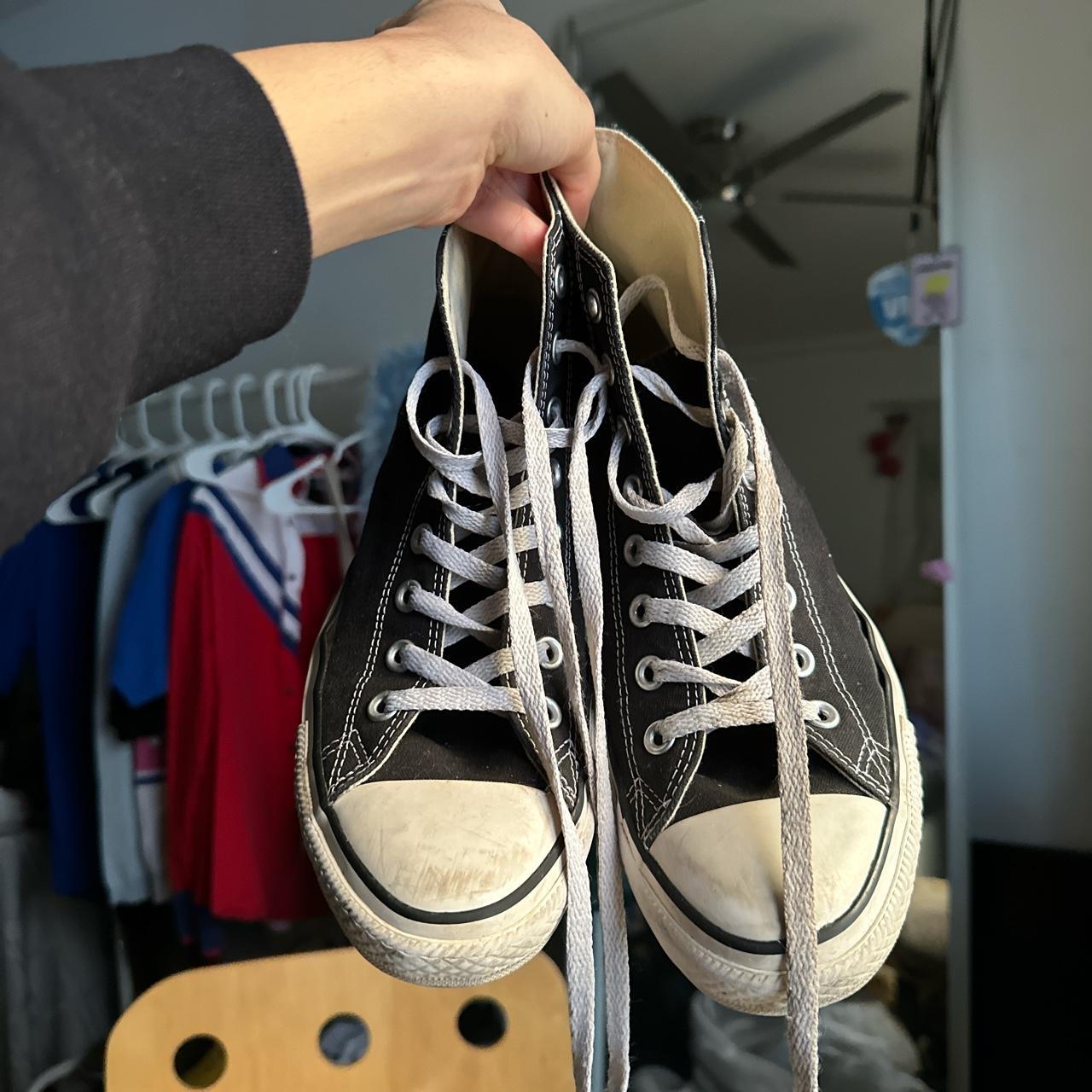 Used beat up black converse shoes Size 8 M / 10 W - Depop