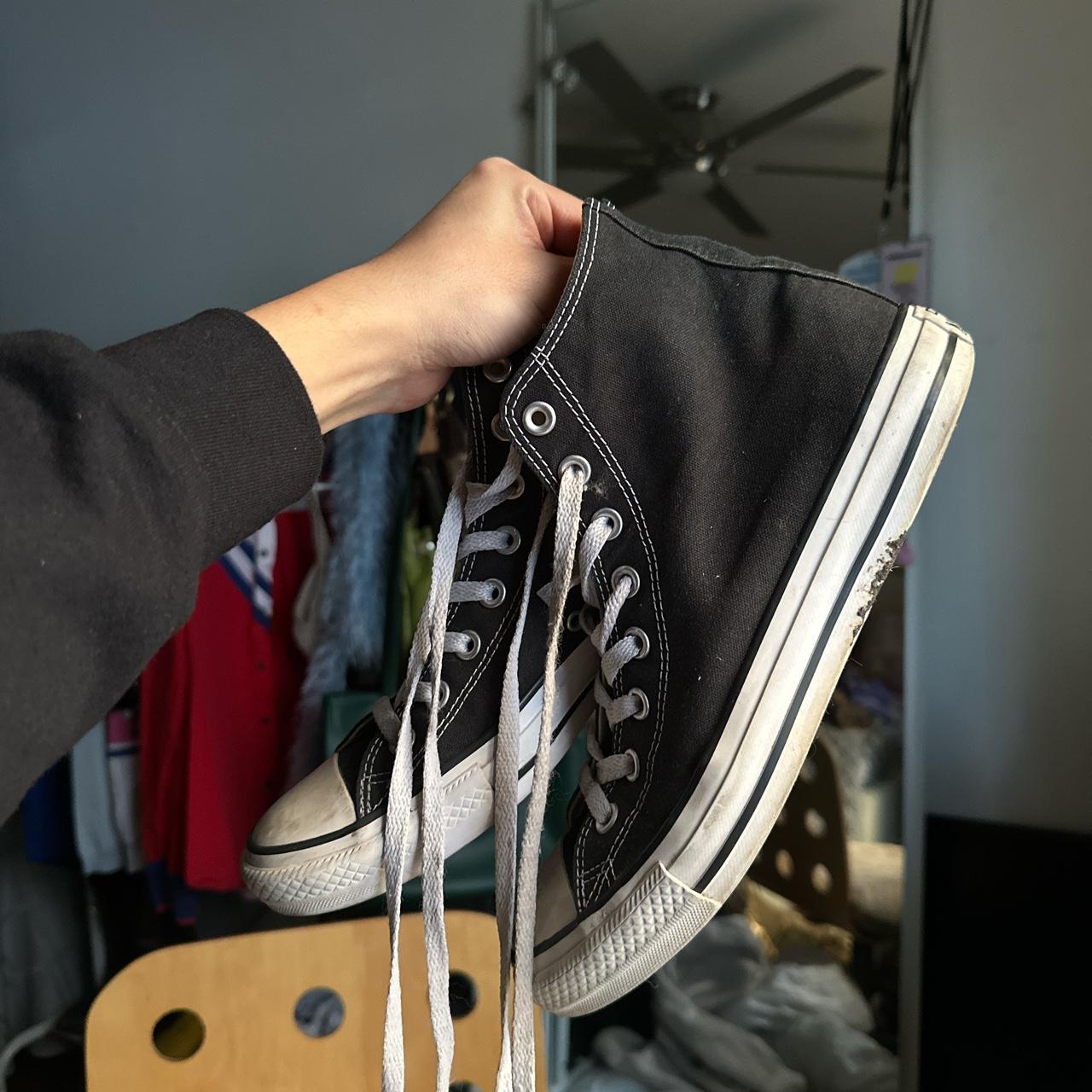 Used beat up black converse shoes Size 8 M / 10 W - Depop