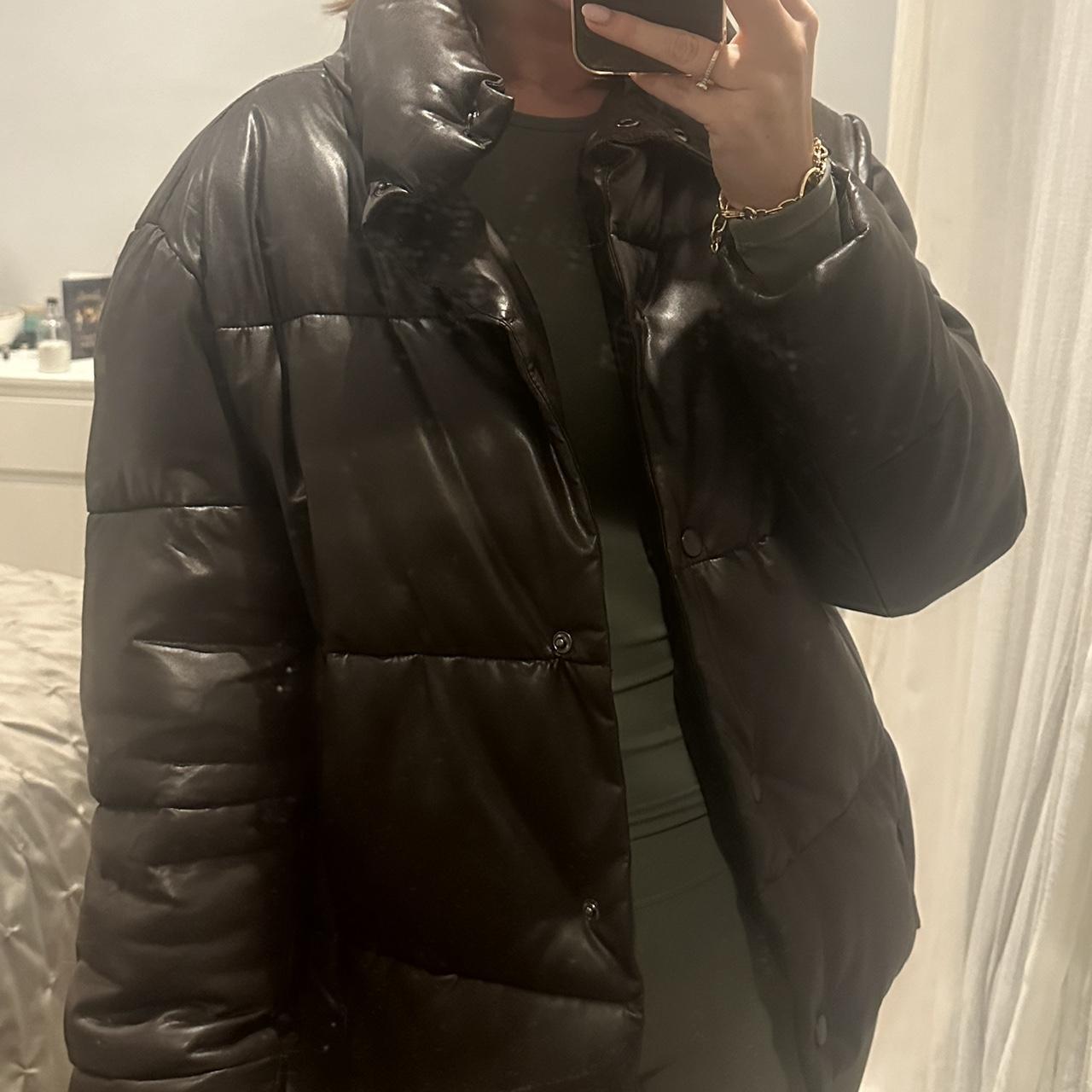 ZARA Chocolate Brown faux leather puffer jacket... | Depop