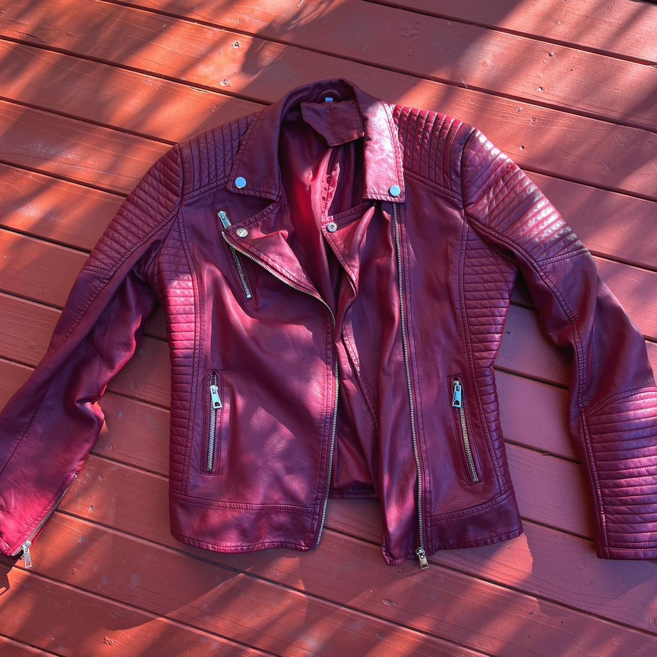 Burgundy and red vintage leather jacket with zipper... - Depop