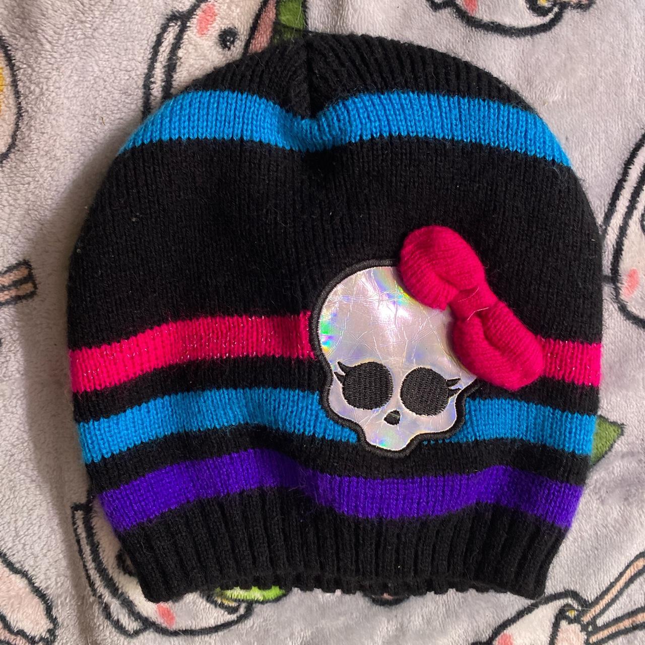 monster high beanie stripes with holographic skull... - Depop