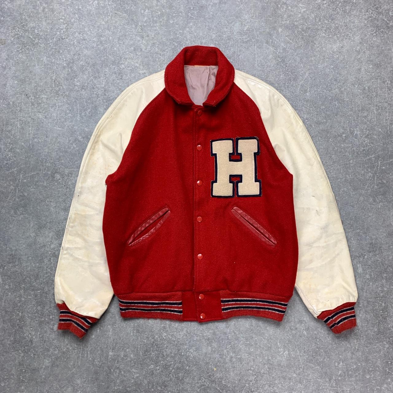 Men's Vintage Leather Red Varsity Collared... - Depop