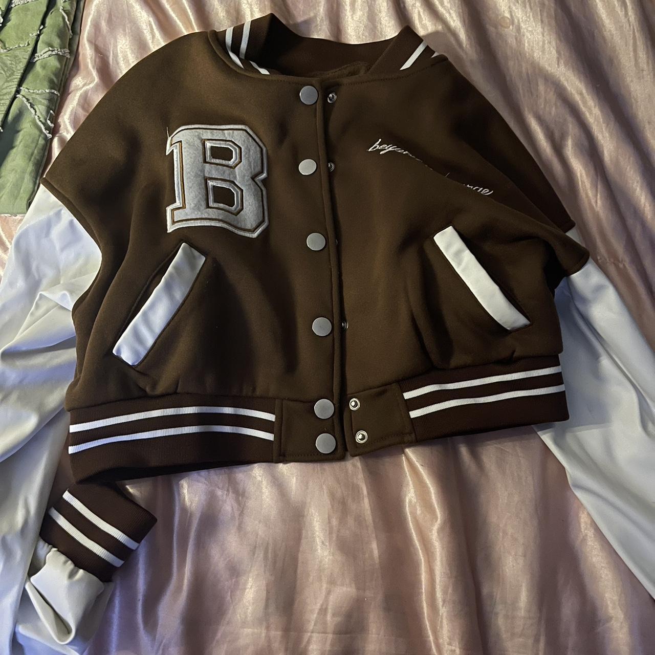 cute varsity brown and white crop letterman jacket... - Depop