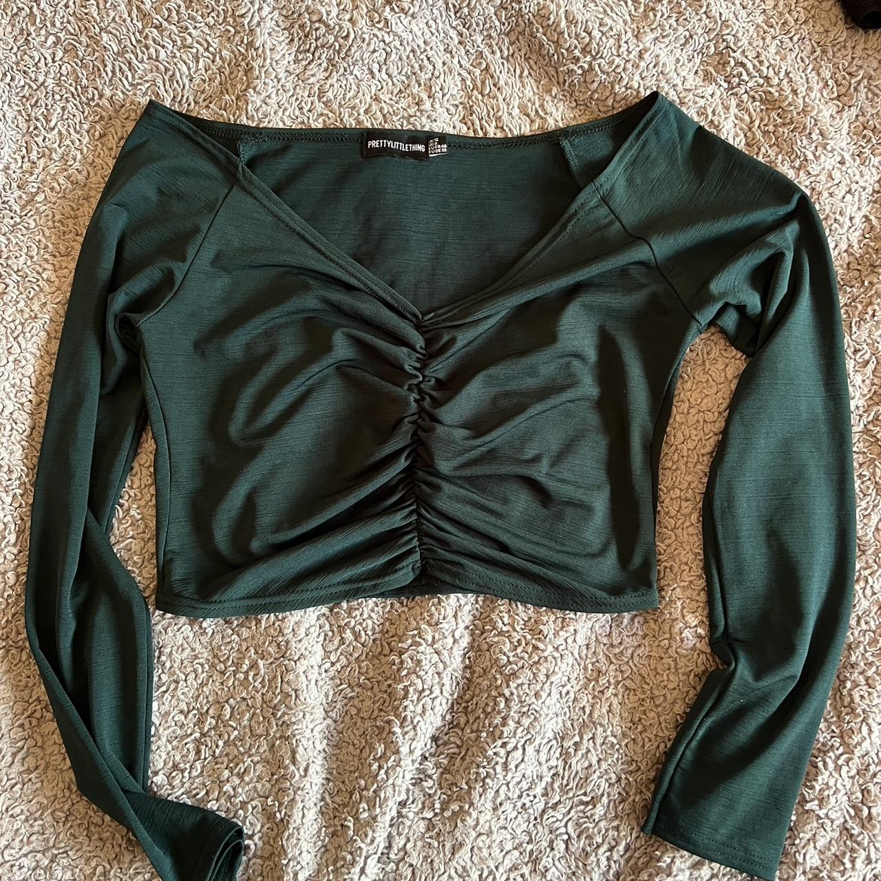 PLT forest/ dark green crop top, off the shoulders... - Depop
