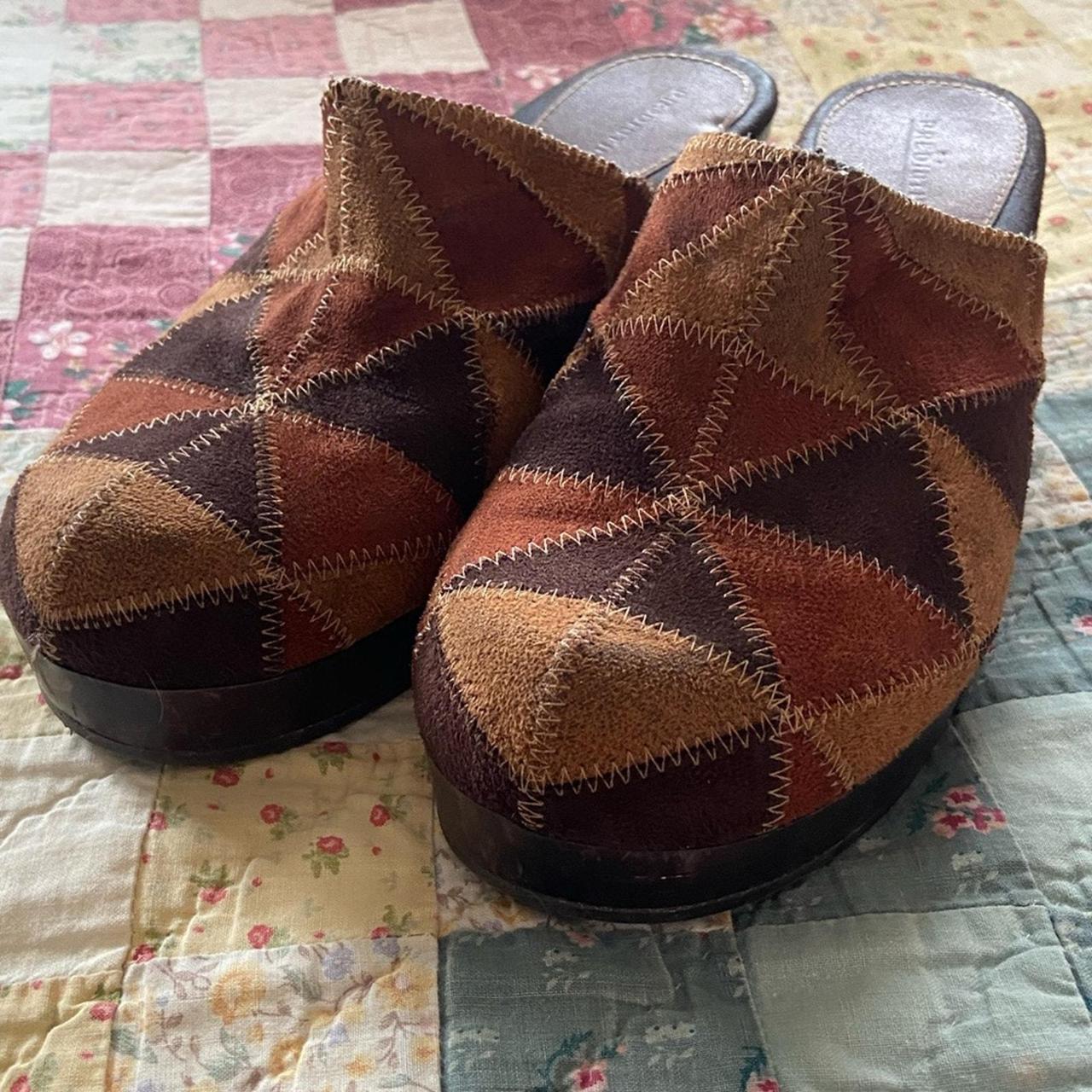 Chic brown suede clogs with a patchwork design.... | Depop