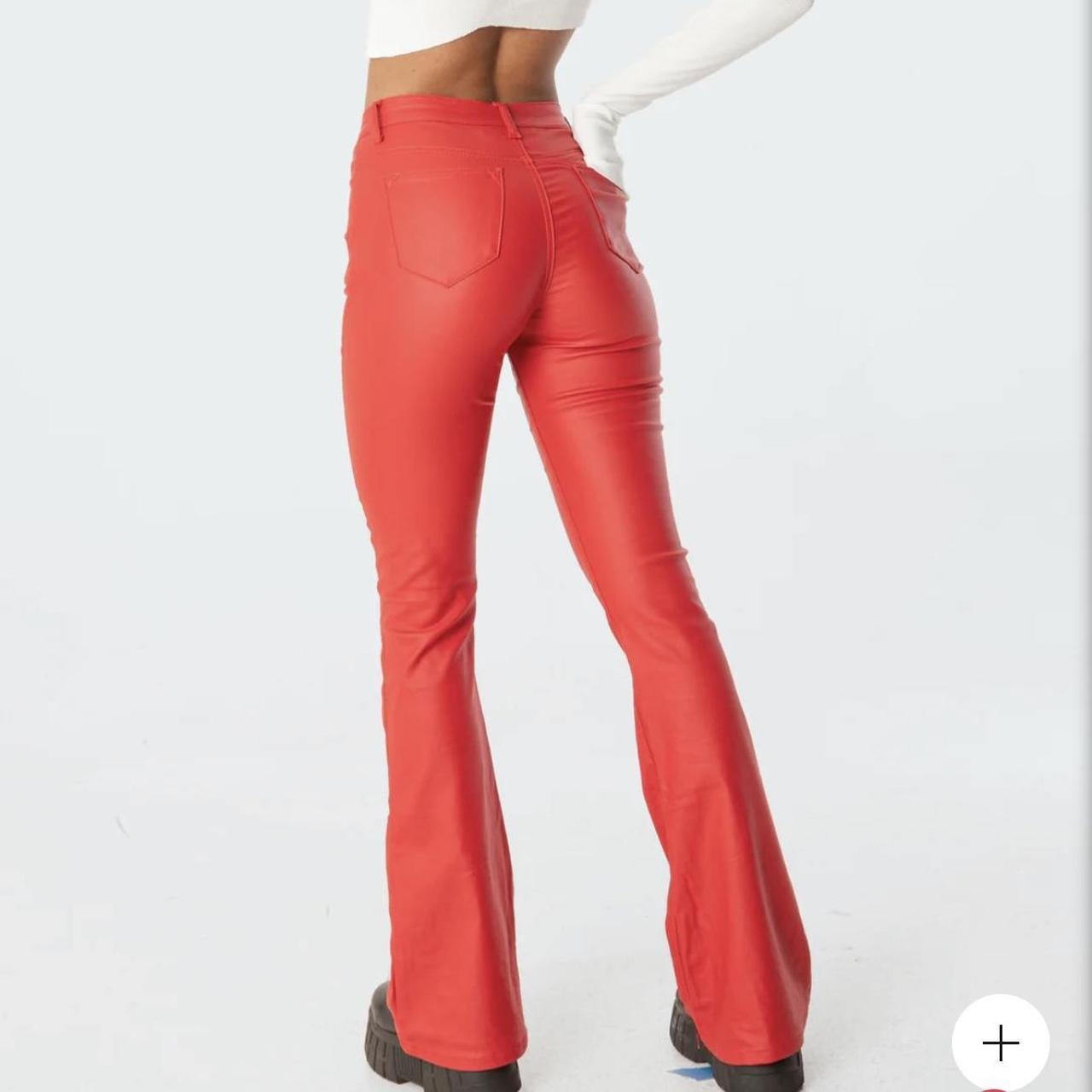 Edikted red flare leather jeans. Size S. - Depop