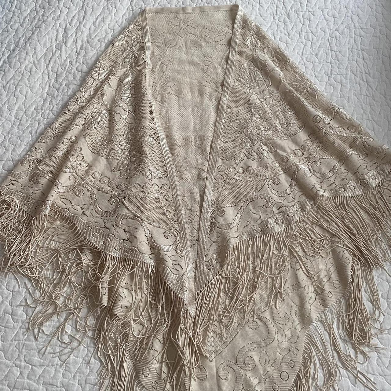 gorgeous creme lace shawl coverup with fringe hem.... - Depop