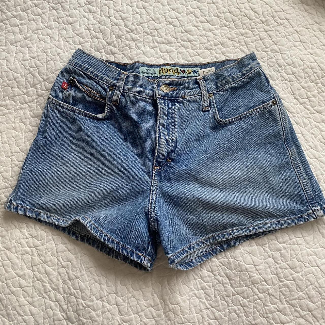 90’s mudd jean shorts with hand embroidery on back... - Depop