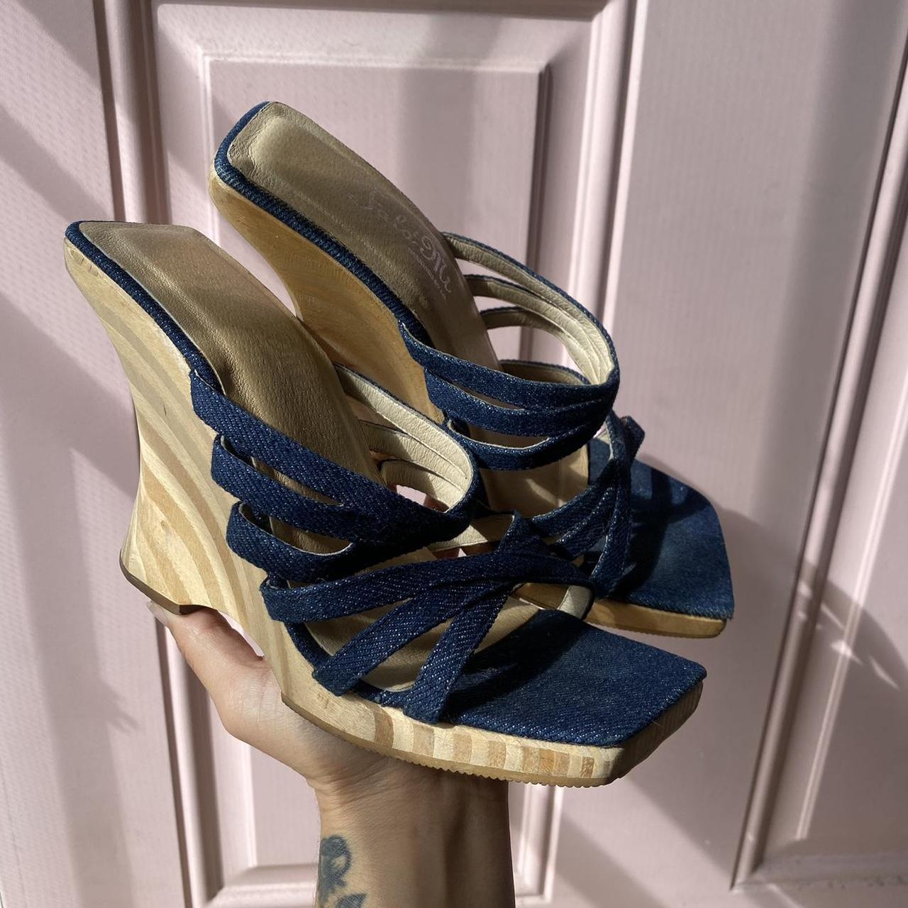 y2k denim / wood wedges gorgeous strappy denim... - Depop