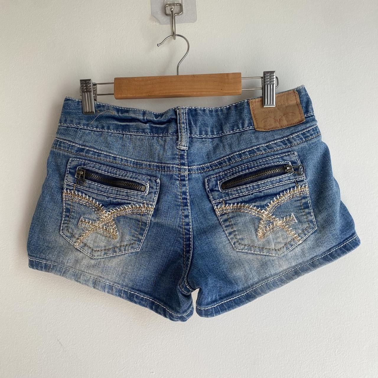 y2k low rise jean shorts medium wash denim short... - Depop