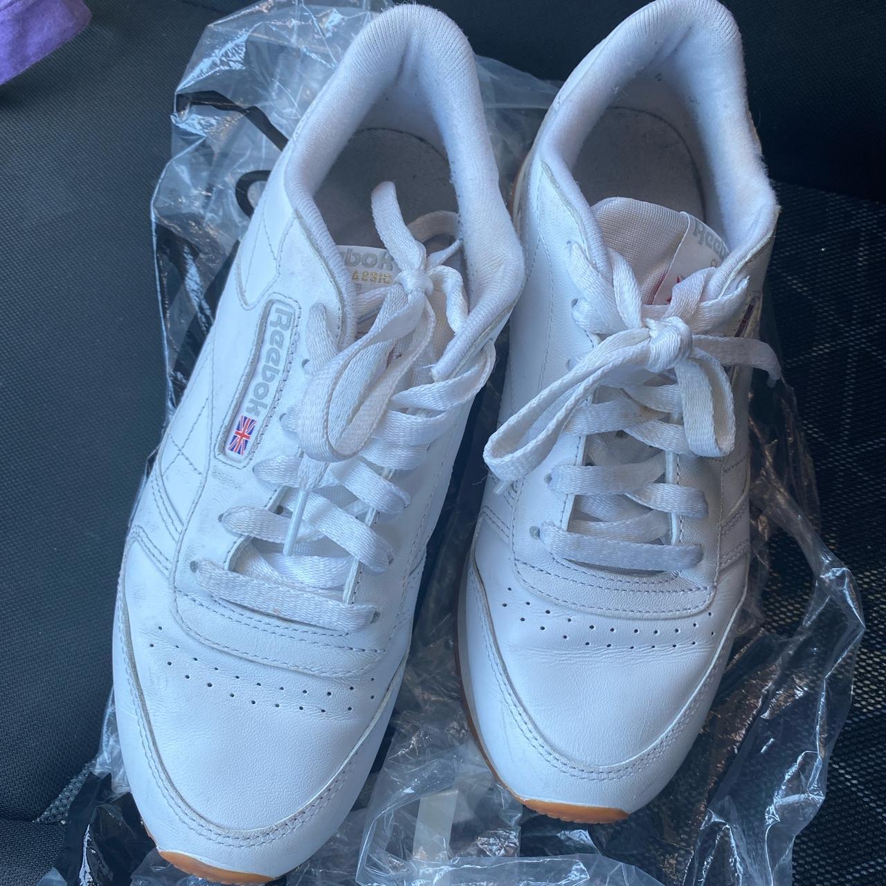 White Reebok classics, low tops, lightly worn, good... - Depop
