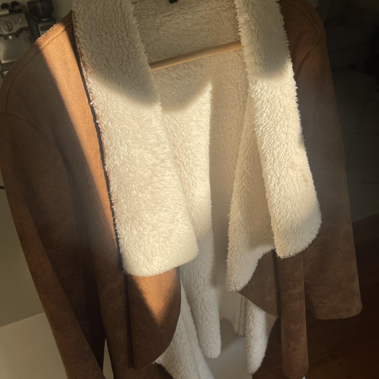 Brown faux shearling waterfall coat, size 16 for... - Depop