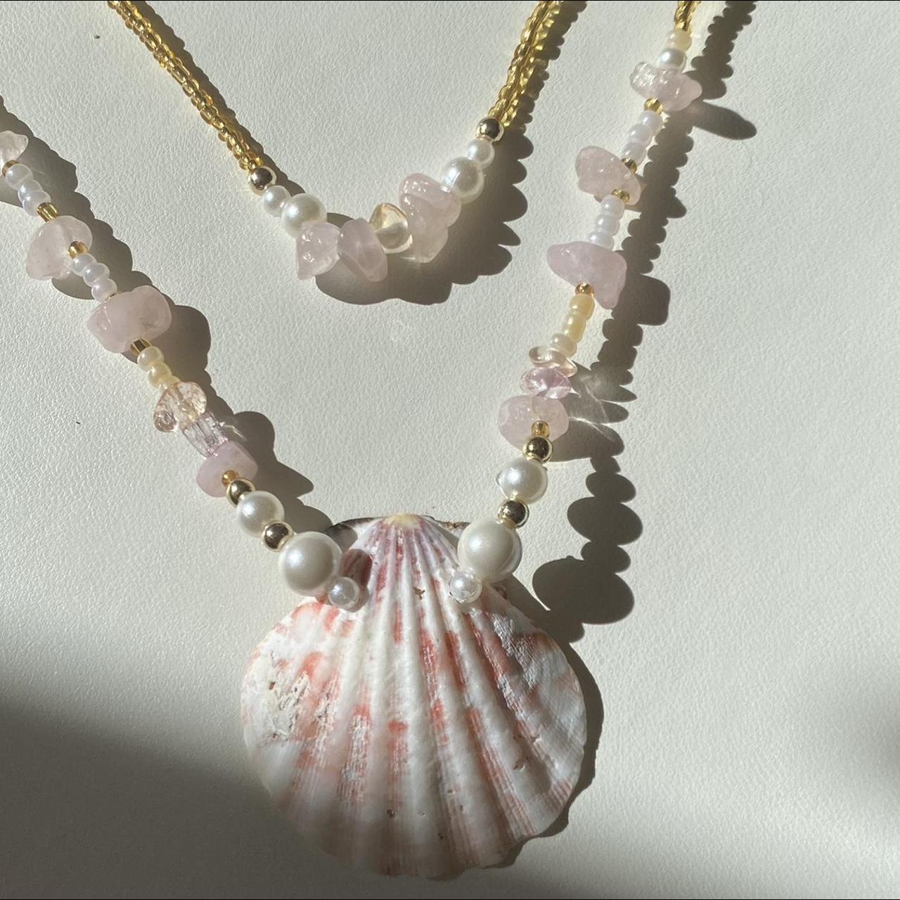 Rose quartz crystal shell necklace. Handmade with... - Depop