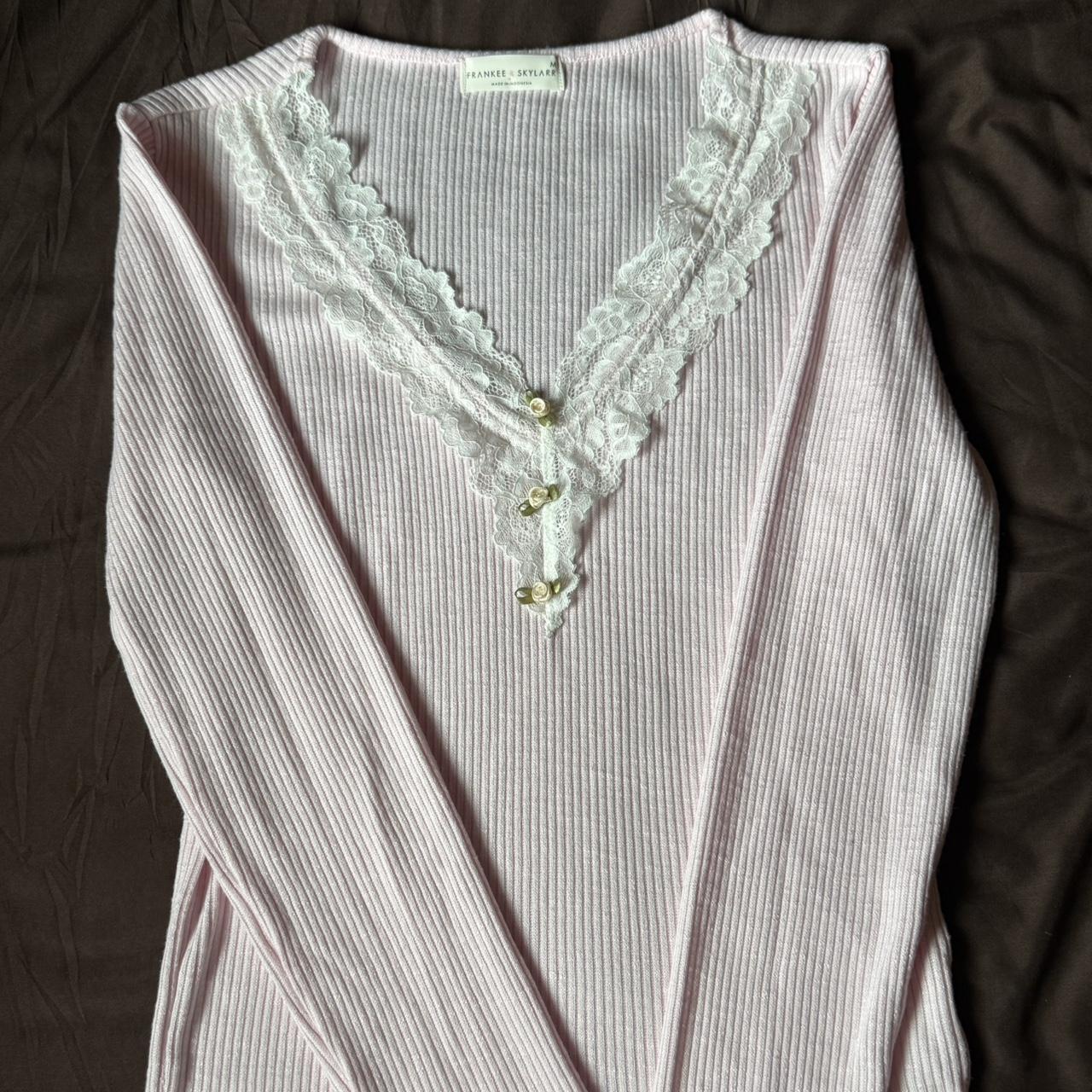 baby pink long sleeve lacey top - women’s size:... | Depop