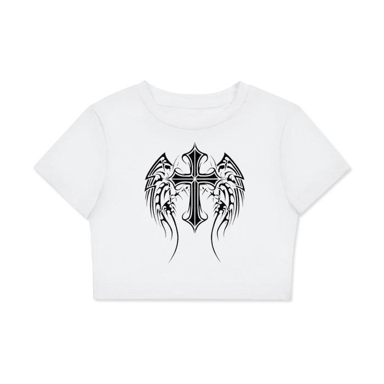 WHITE cross design fitted crop tee made to order... - Depop
