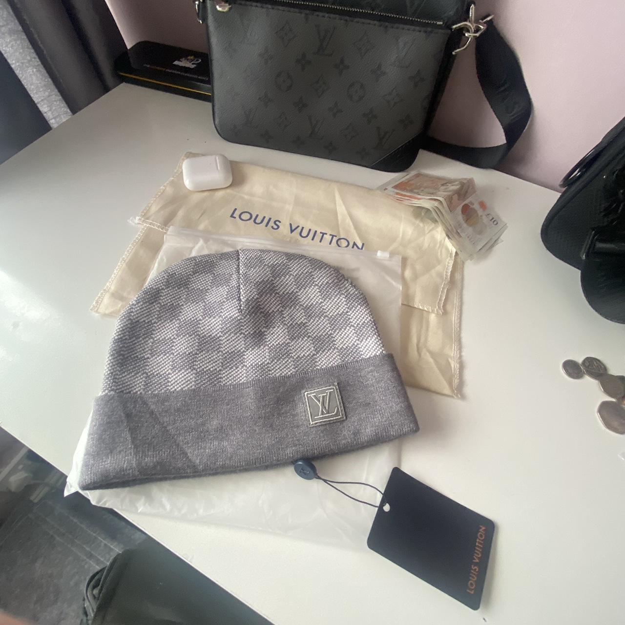 LV/Louis Vuitton Grey Chequered Beanie/Hat , free... - Depop