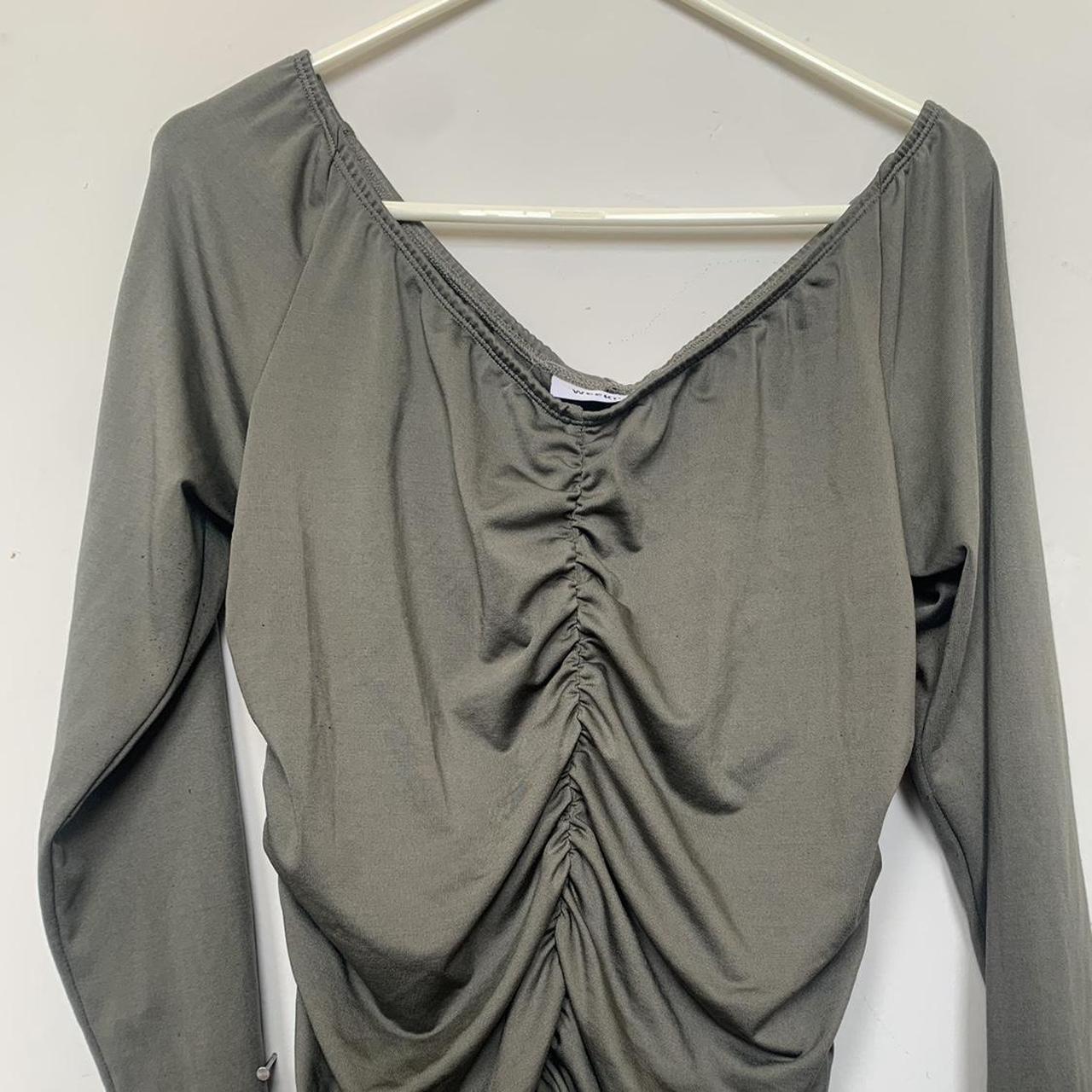 beautiful ruched khaki weekday top size m - Depop