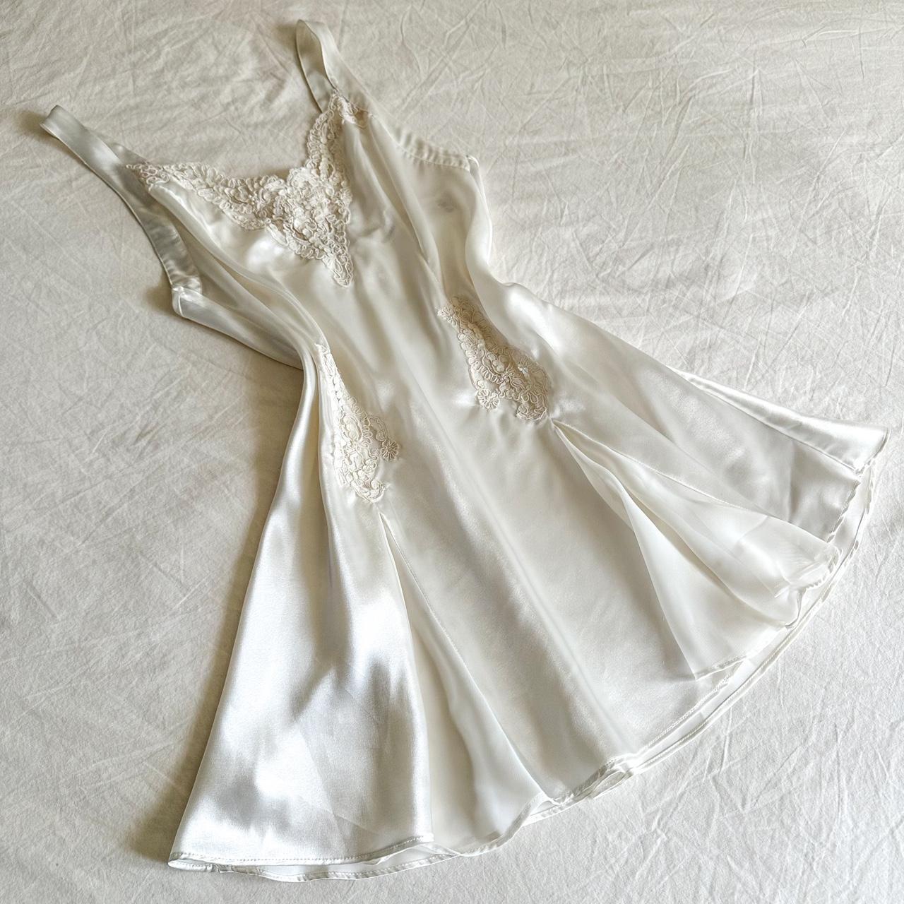 Vintage white satin slip with sequined lace panel on... - Depop