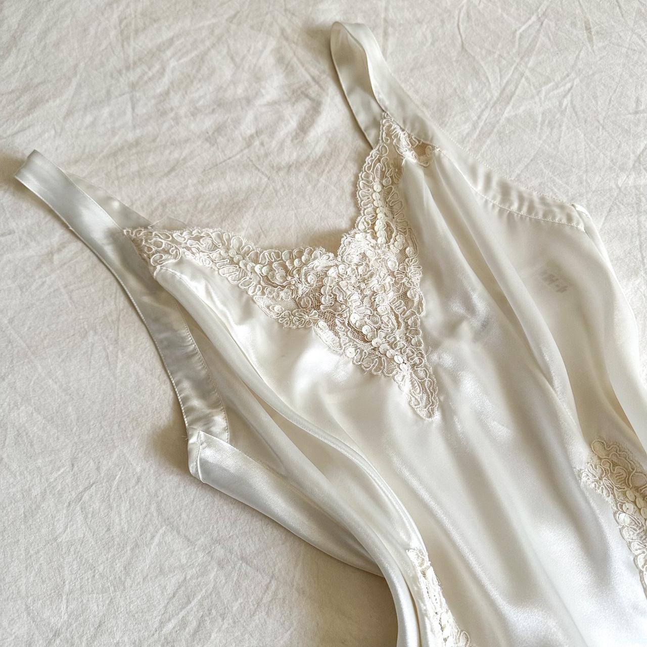 Vintage white satin slip with sequined lace panel on... - Depop