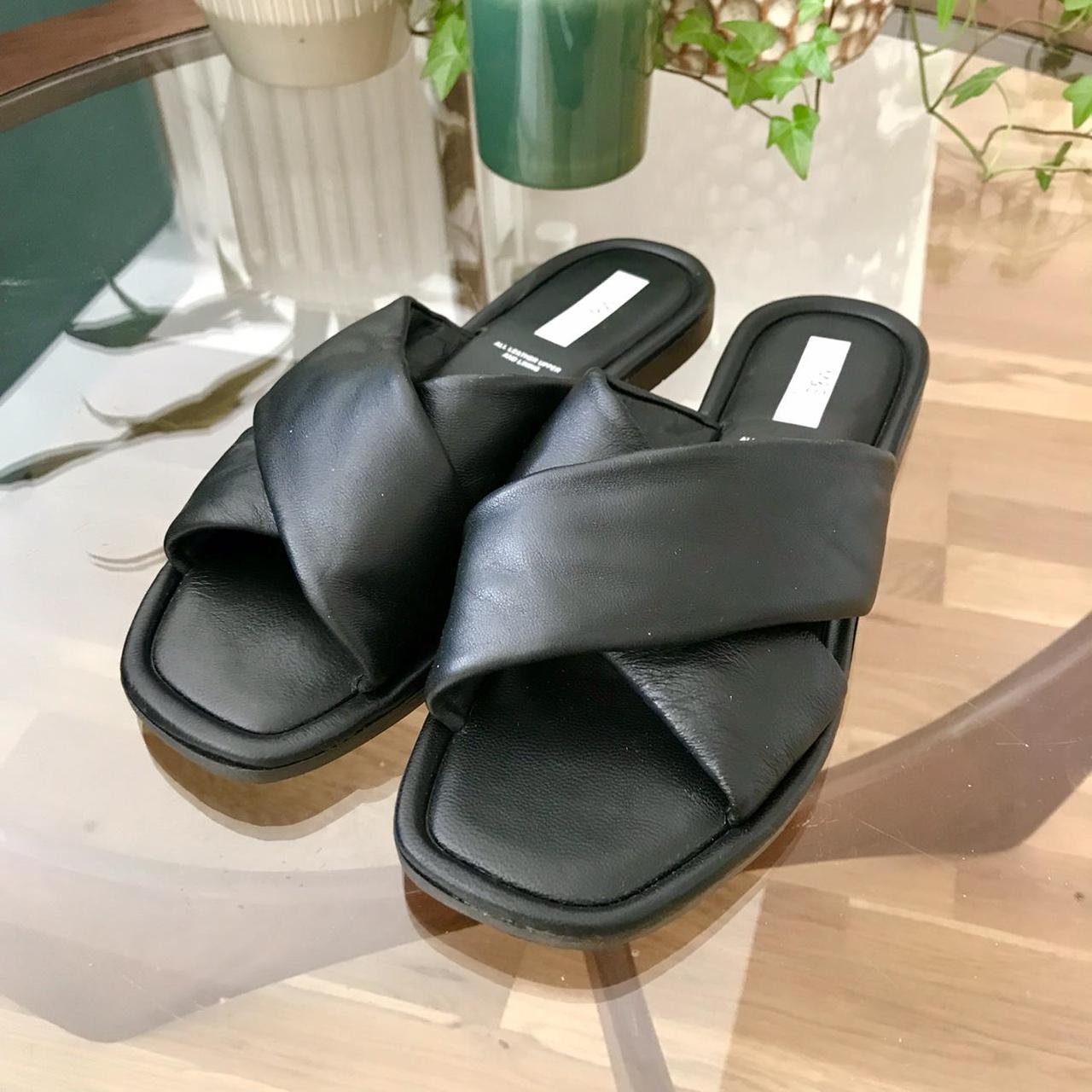 New and unworn black leather sliders/slides. Super... - Depop