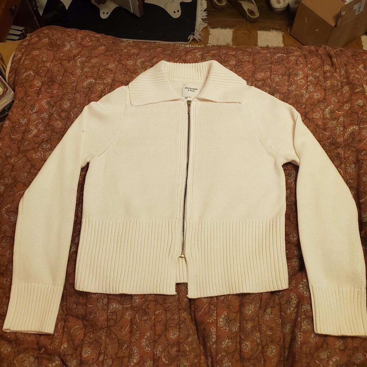 White Knit Zip up Sweater with Gold... - Depop