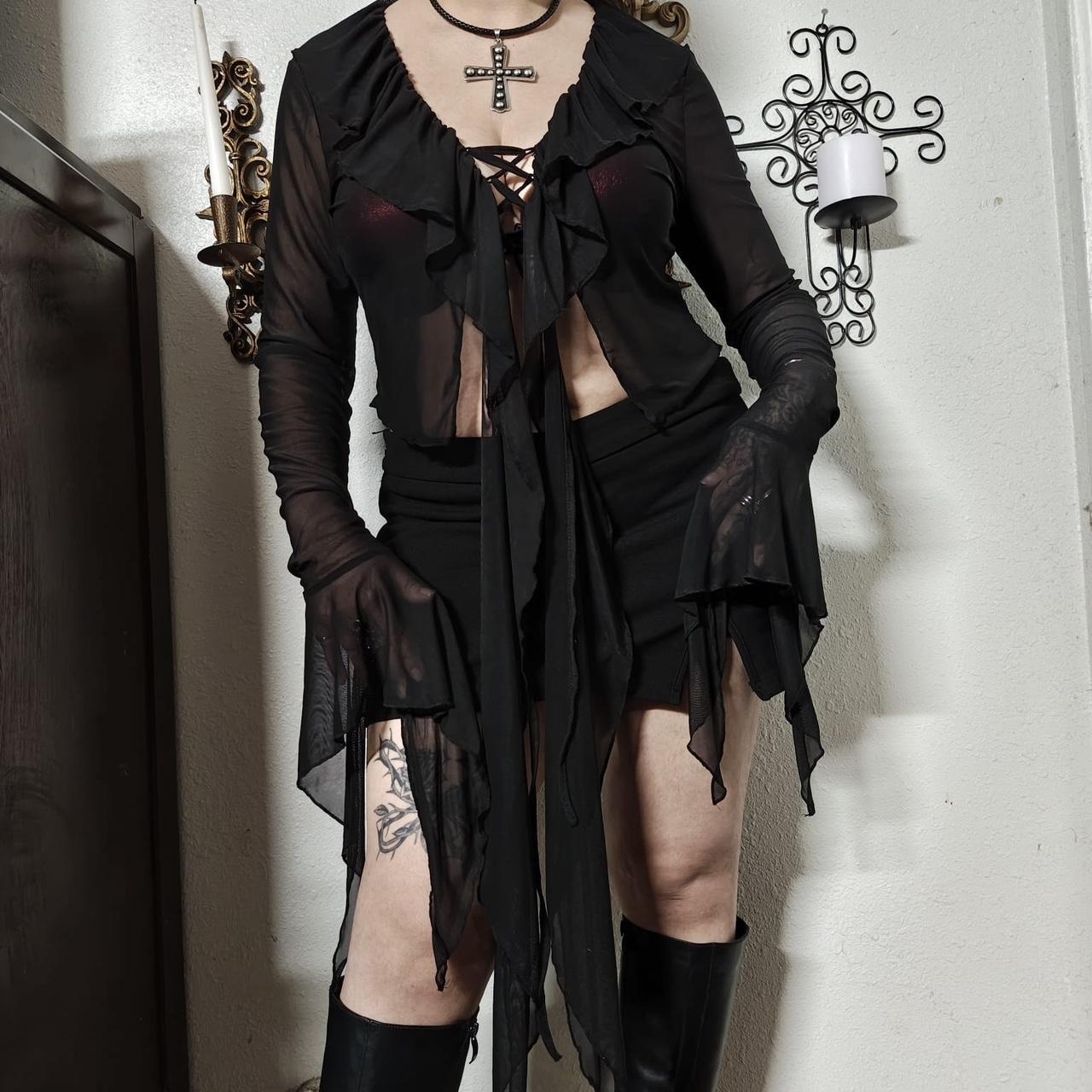 Gothic Black sheer mesh ruffle long sleeve top with... | Depop