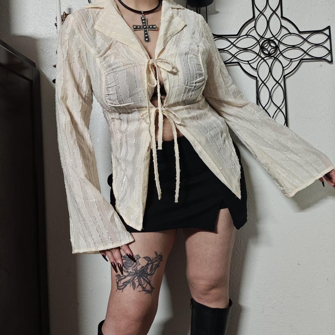 Gothic cream bell sleeve tie front blouse #gothic... | Depop