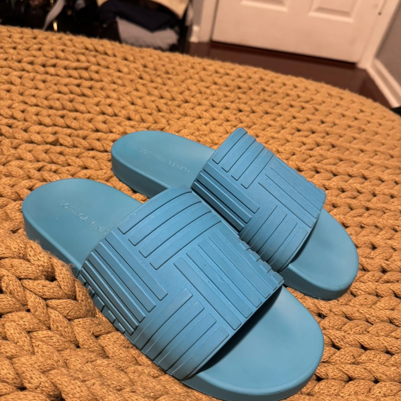 Bottega Veneta Blue slides Like brand new worn... - Depop