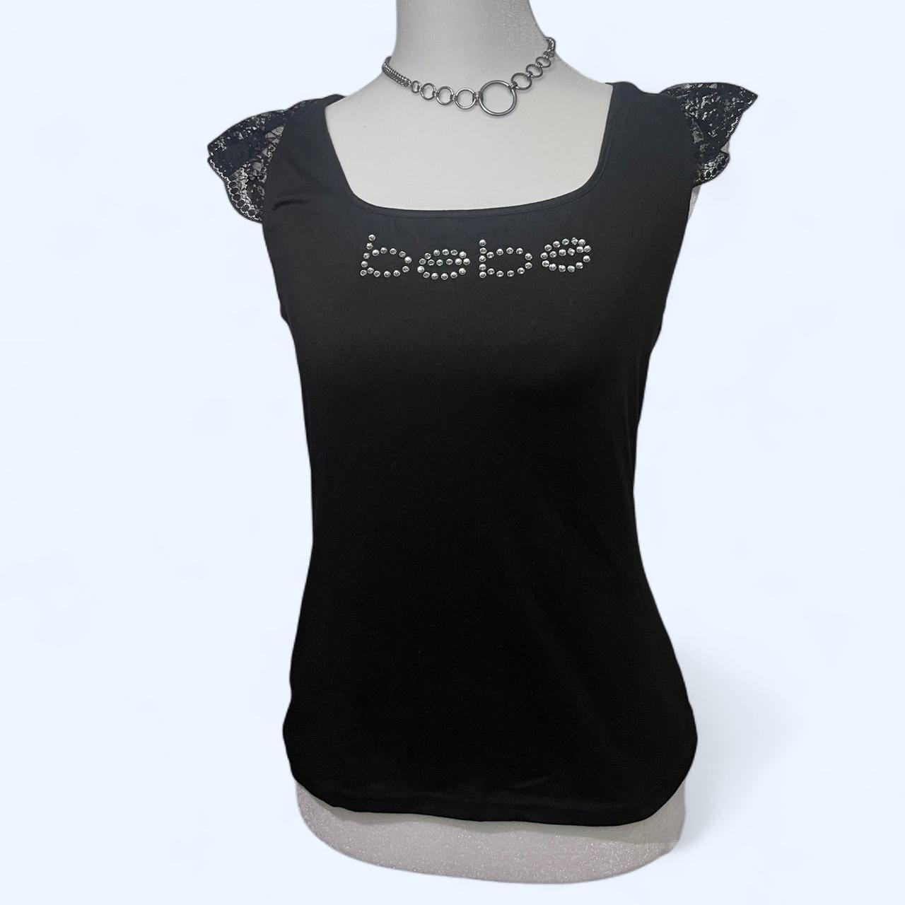 Black Bebe rhinestone top with short sleeves and... | Depop
