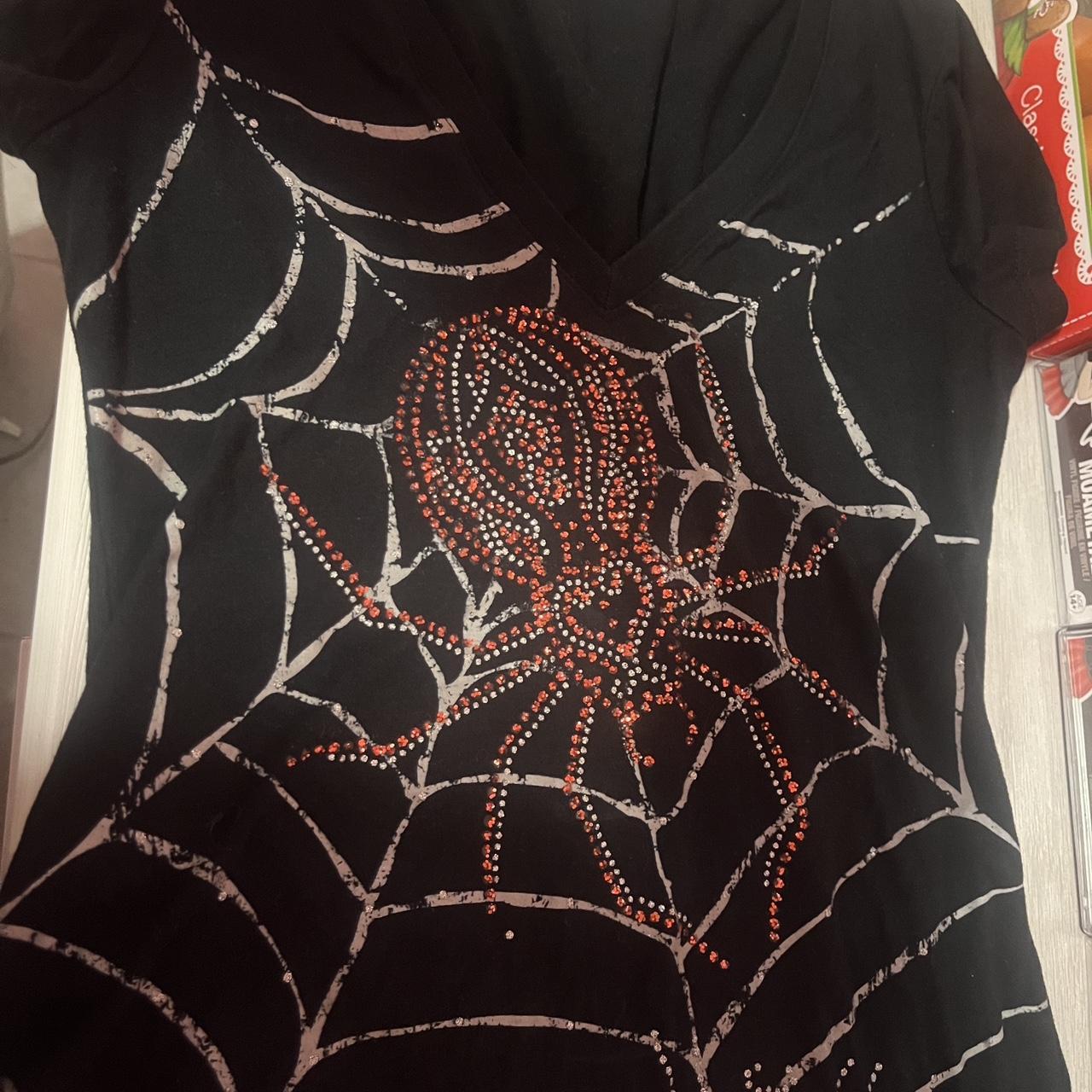 Medium black rhinestone spiders v neck shirt - Depop