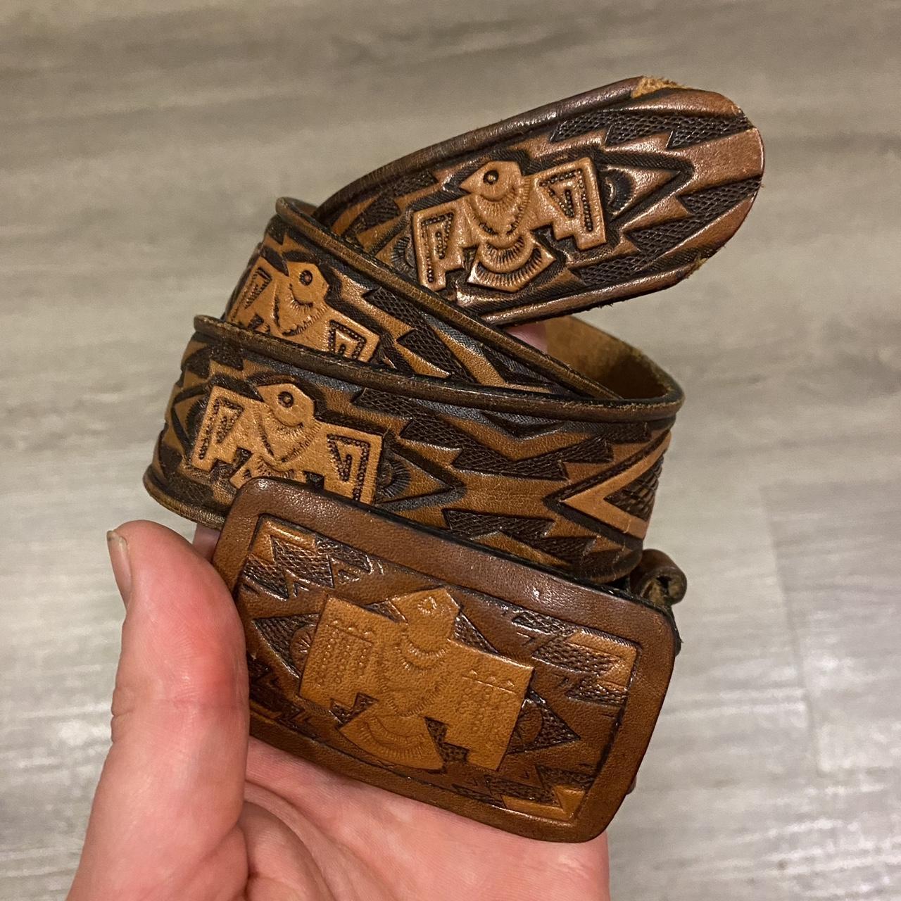 Vintage Aztec Tooled Leather Belt with Leather Eagle... | Depop