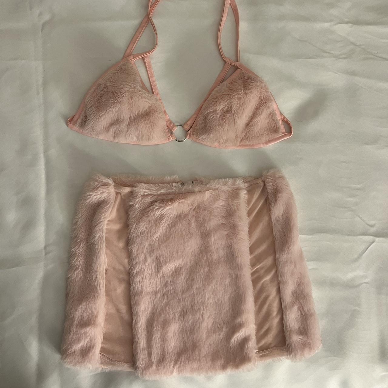furry light pink rave outfit with a skirt and top... - Depop